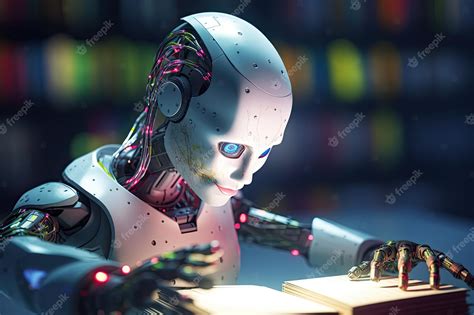 Premium Photo Artificial Intelligence Chat Bot Reading Book Machine Learning Concept Generative Ai