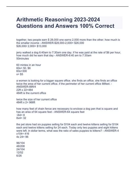 Arithmetic Reasoning Questions And Answers 100 Correct Arithmetic