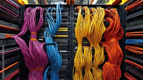 Modern Server Rack With Neat Color Coded Network Cables Connected To A Switch Panel Stock