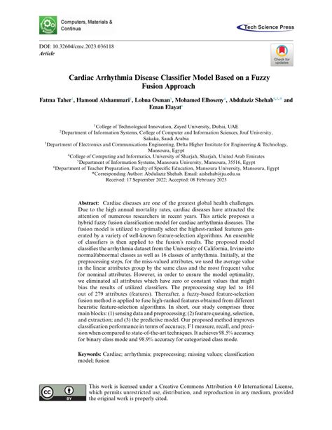 pdf cardiac arrhythmia disease classifier model based on a fuzzy