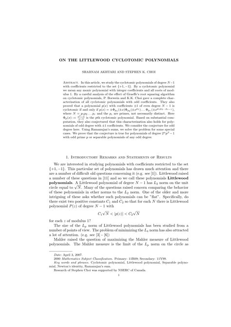 Pdf On The Littlewood Cyclotomic Polynomials