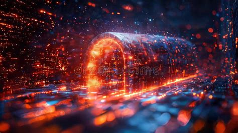 futuristic digital data tunnel with glowing orange and blue lights