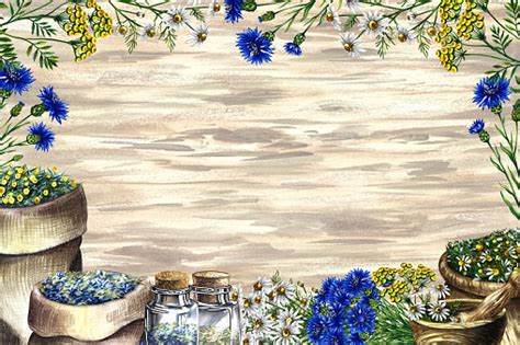 약초 수레 국화 카모마일 탠시 프레임 나무 배경에 배너입니다 린넨 가방 유리병 나무 냄비 박격포와 유봉 분쇄기 수채화 손으로