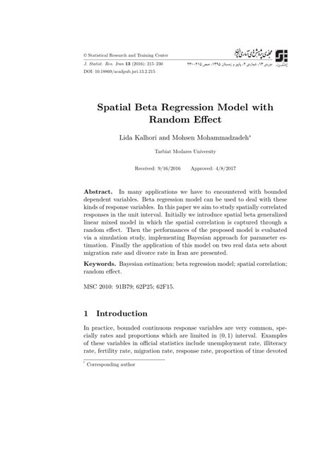 Pdf Spatial Beta Regression Model With Random Effect