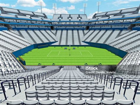 흰색의 아름 다운 큰 현대 테니스 잔디 법원 경기장의 3d 렌더링 Sport Set에 대한 스톡 사진 및 기타 이미지 Sport Set 경쟁 공 스포츠 장비 Istock