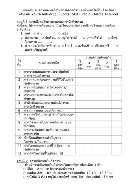 แบบประเมินความพึงพอใจในการจัดกิจกรรมต่อต้านยาไอซ์ในโรงเรียน