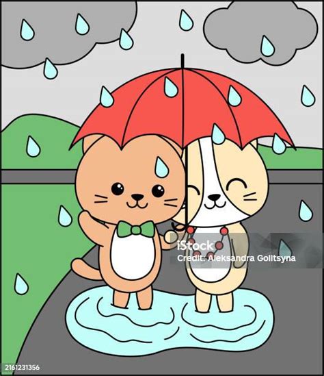 빨간 우산 아래 고양이 한 쌍 비가 오는 날씨 어린아이 같은 일러스트 만화 벡터 0명에 대한 스톡 벡터 아트 및 기타 이미지 0명 고양이 새끼 만화 Istock