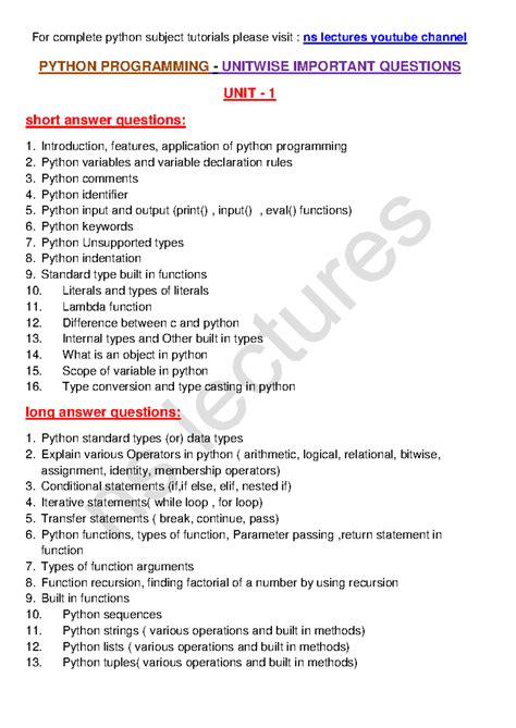Python Programming IMP PYTHON PROGRAMMING UNITWISE IMPORTANT QUESTIONS UNIT Short Answer