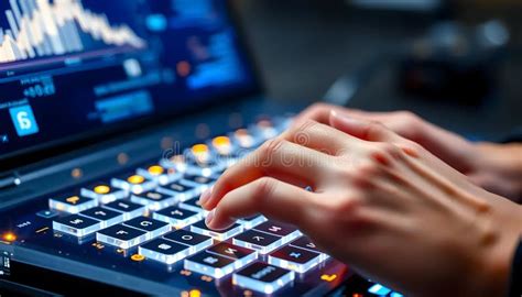 hands typing on an illuminated computer keyboard in close up stock illustration illustration