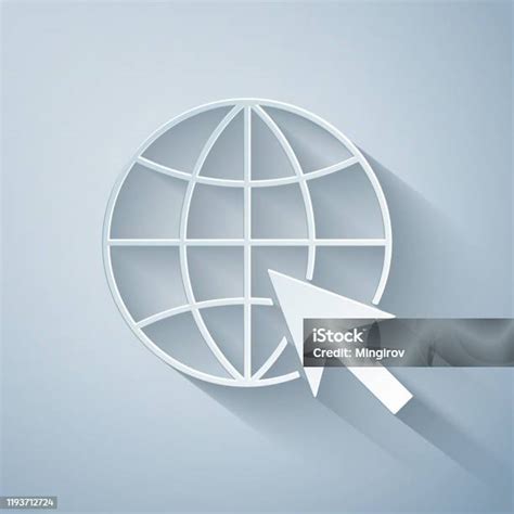 회색 배경에서 분리된 웹으로 이동 아이콘을 잘라냅니다 글로브 와 커서 웹 사이트 픽토그램 월드 와이드 웹 기호입니다 종이 아트