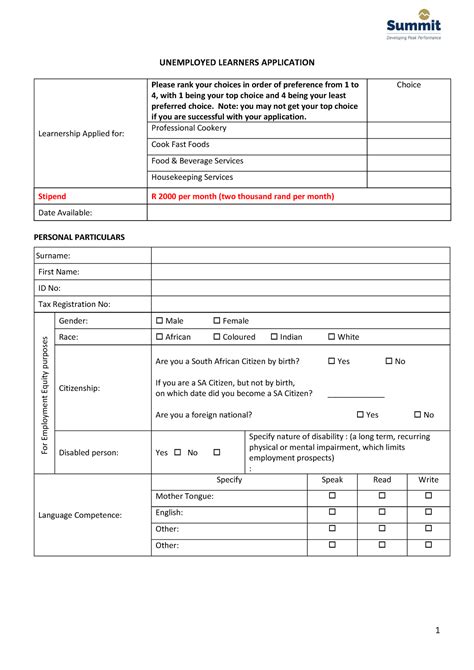 Learner Application Form Unemployed Learners Application Learnership