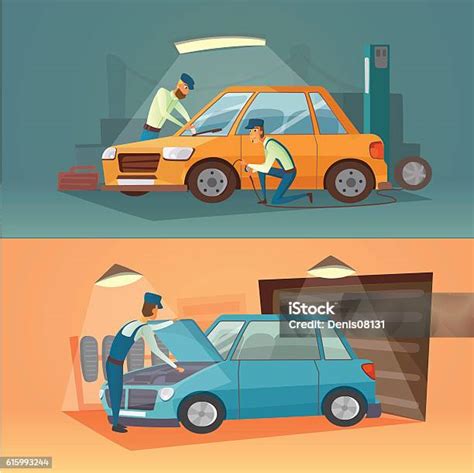 자동차 수리 벡터 일러스트의 장면 서비스 타이어 작업자 기계공에 대한 스톡 벡터 아트 및 기타 이미지 기계공 기업 재무와 산업 남자 Istock