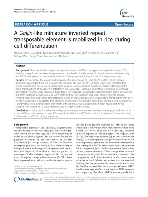Pdf A Gaijin Like Miniature Inverted Repeat Transposable Element Is Mobilized In Rice During