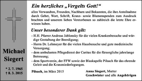 Traueranzeigen Von Michael Siegert Mittelbayerische Trauer