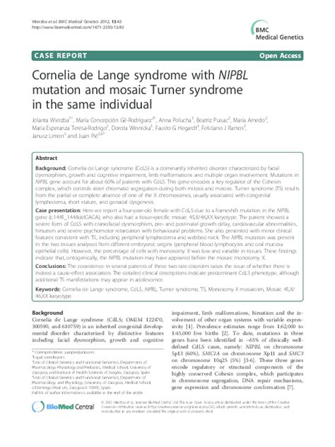 Pdf Cornelia De Lange Syndrome With Nipbl Mutation And Mosaic Turner