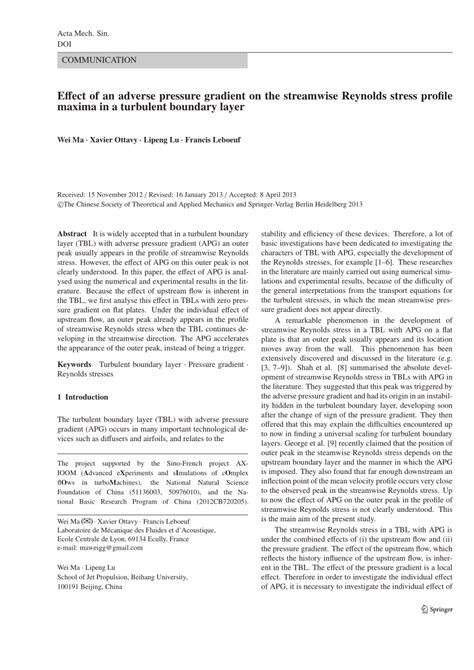 Pdf Effect Of An Adverse Pressure Gradient On The Streamwise Reynolds Stress Profile Maxima In