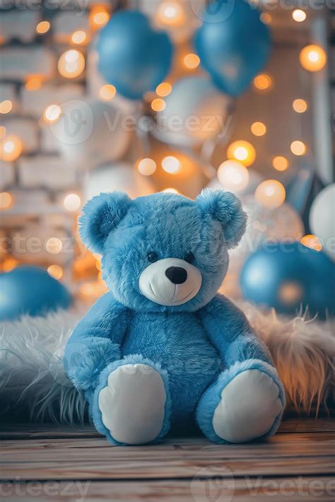 Blue Background With Cute Teddy Bear Bokeh Lights Balloons And Copy Space Festive Backdrop