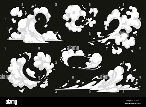 Comic explosion effect set. Vector dust smoke cloud, puff, mist, fog, watery vapour, cartoon ...