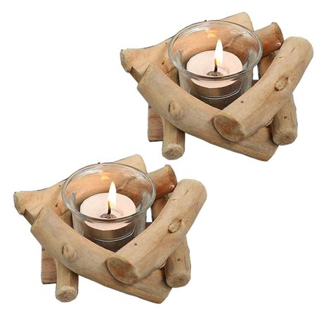 Sziqiqi Handmade Wooden Tea Light Candle Holder With Glass Cup Rustic