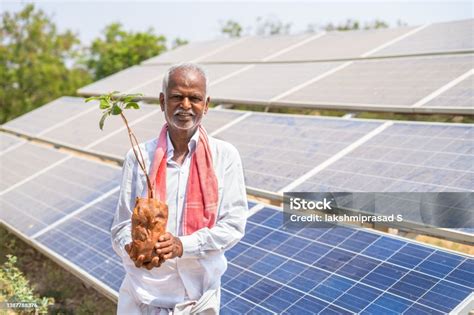 핸드헬드 샷 인도 농부 는 농지에서 태양 플래넬 앞에 손에 공장을 들고 개념 지속 가능한 라이프 스타일 재생 에너지와 환경 친화적 인 농업 인도 인도아 대륙에 대한 스톡