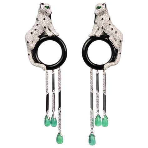 Cartier Diamond Panthere Earrings With Onyx And Emeralds 18k For Sale