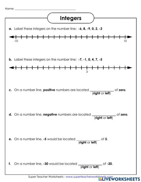Integers Number Line Online Exercise For Live Worksheets