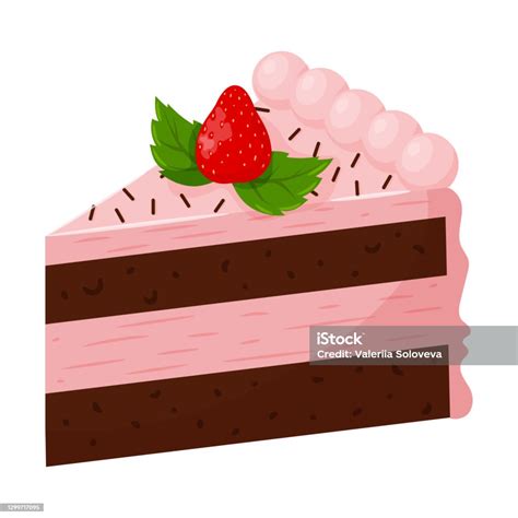 딸기로 장식된 핑크 크림을 곁들인 딸기 케이크 한 조각 달콤하고 건강에 해로운 음식 달콤한 페이스트리 디저트 간식 만화 플랫 스타일로 색상 벡터 일러스트레이션 흰색으로 분리