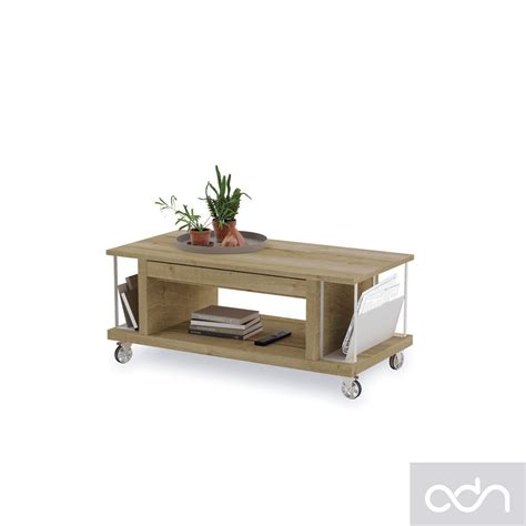 Mesa De Centro Elevable Con Revisteros A Ambos Lados Y Ruedas