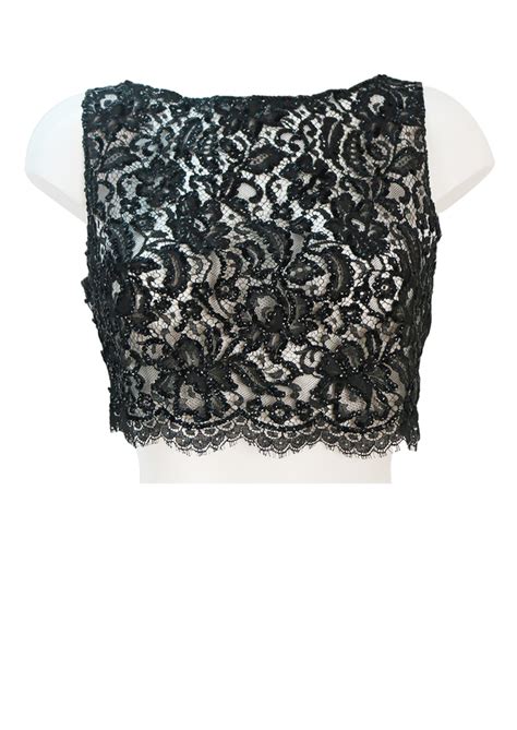 Vintage 60s Black Lace Sleeveless Crop Top With Black Sequins S