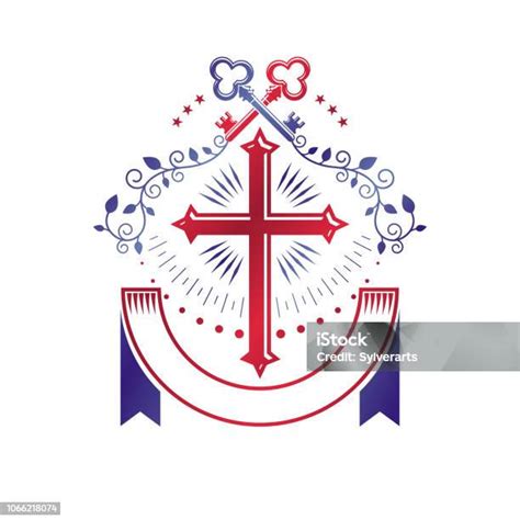 기독교 십자가 장식 상징 보안 키로 구성 전 령 벡터 디자인 요소입니다 레트로 스타일 종교 빈티지 기호입니다 믿음은 구원의 열쇠