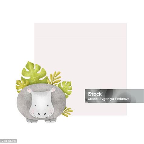 귀여운 아기 하마와 열대 나뭇잎의 프레임입니다 재미 있는 아이의 고립된 손으로 그린 수채화 배경입니다 어린이 초대장 베이비 샤워 어린이 방 장식을 위한 사파리 디자인