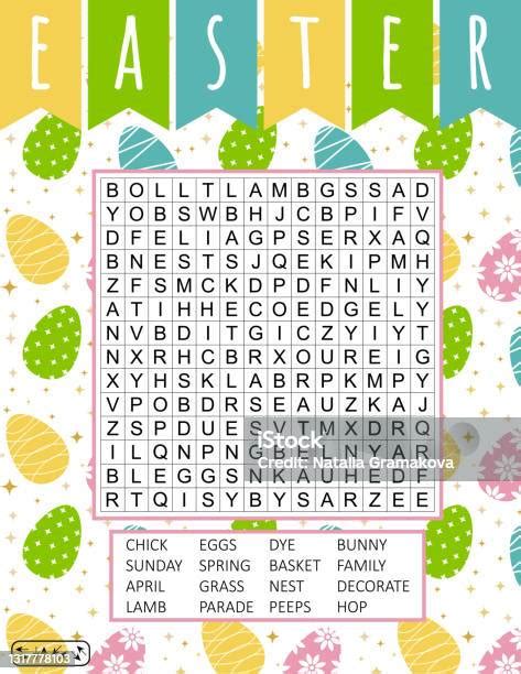 부활절 단어 검색 퍼즐 아이들을위한 교육 게임 재미있는 휴일 크로스 워드 워드 퍼즐 영어 단어를 배우기위한 축제 다채로운 워크 시트 부활제에 대한 스톡 벡터 아트 및 기타