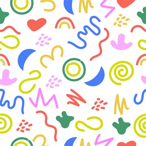 Colourful Seamless Doodle Pattern With Simple Shapes Hand Drawn Minimalist Style Background