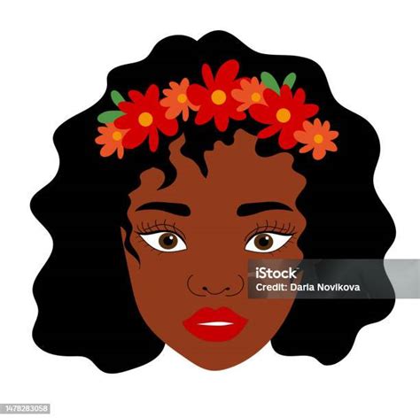 화환 꽃을 가진 흑인 여자 머리 곱슬 머리를 가진 흑인 소녀의 벡터 그림입니다 포스터 엽서 아바타 20 29세에 대한 스톡 벡터