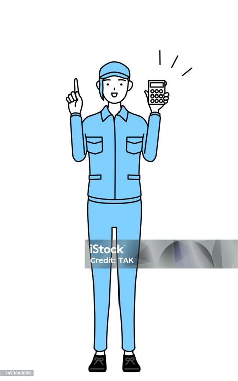 모자와 작업복을 입은 여자가 계산기를 들고 가리키고 있다 가계에 대한 스톡 벡터 아트 및 기타 이미지 가계 가리키기 검소