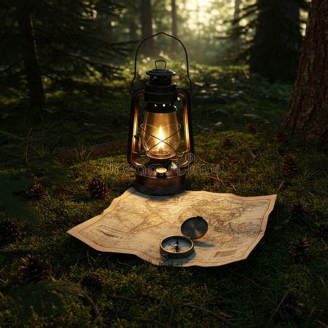 Vintage Lantern Map Compass In Forest Setting Stock Illustration Illustration Of Vintage