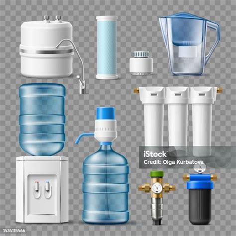 현실적인 물 필터 다른 가정 마시는 물 처리 장치 사무실 냉각기 및 펌프 예비 카트리지 정화 시스템 예비 카세트가있는 주전자 3d Utter 벡터 세트 다양에 대한 스톡