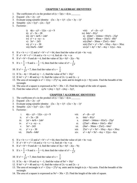 Chapter 7 Algebraic Identities Pdf Factorization Mathematics