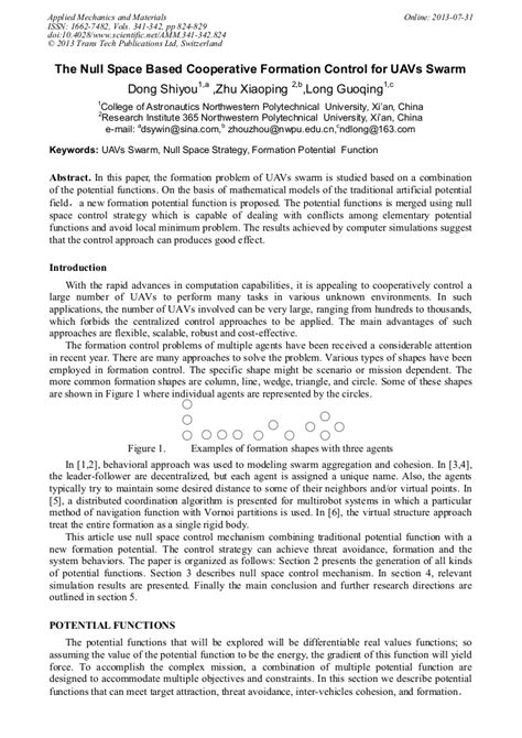 The Null Space Based Cooperative Formation Control For Uavs Swarm Scientific Net