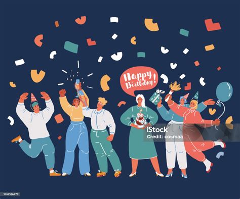 생일 파티에서 즐거운 시간을 보내는 행복한 사람들의 만화 벡터 삽화 휴일을 축하하는 친구 캐릭터의 개념 웃는 축제 남자와 여자의 컬렉션 생일에 대한 스톡 벡터 아트 및 기타