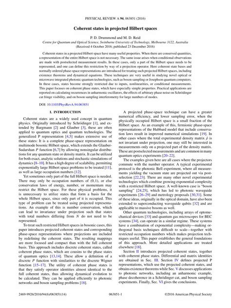 Pdf Coherent States In Projected Hilbert Spaces · Coherent States In
