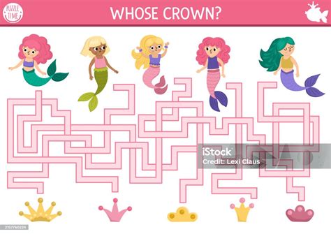 왕관을 쓴 아이들을 위한 인어 미로 해양 유치원 인쇄 가능한 활동 동화 바다 왕국 미로 게임 퍼즐 바다 공주와 왕실 머리 액세서리가 있는 물 생활 워크시트 미로찾기에 대한
