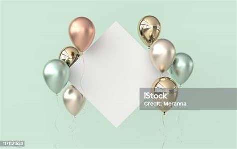 파스텔 색상의 배경에 광택 골드 화려한 풍선과 흰색 종이의 그림 생일 파티 홍보 소셜 미디어 배너 포스터를위한 빈 공간 3d 렌더링 사실적인 풍선 풍선에 대한 스톡 사진 및