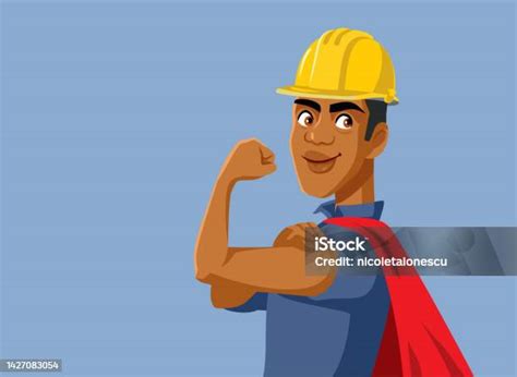 슈퍼 히어로 건설 노동자 그의 이두박근 벡터 만화 일러스트 레이 션을 구부리다 공사장 인부에 대한 스톡 벡터 아트 및 기타