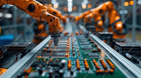 Advanced Robotic Arms Assembling Electronic Circuit Boards In A High Tech Factory Premium Ai