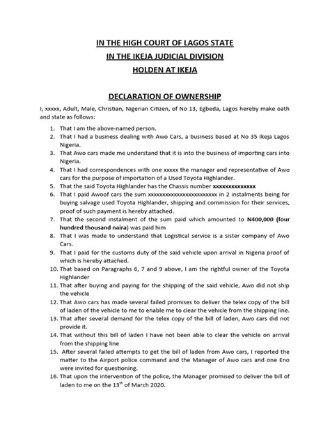 Affidavit Declaration Of Ownership Pdf Justice Crime And Violence