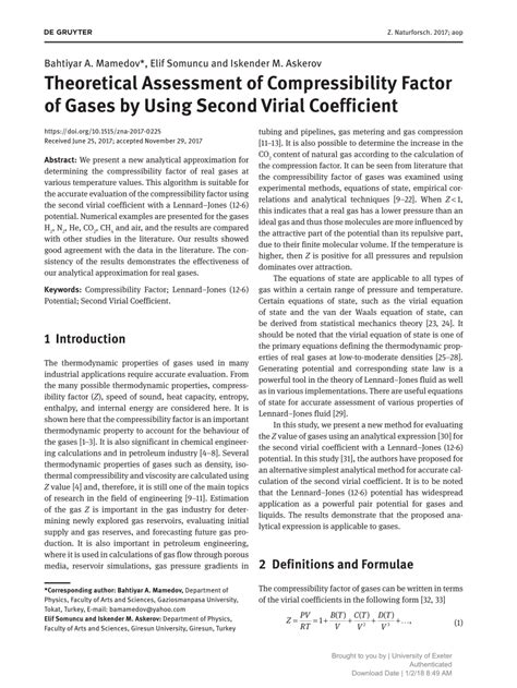Pdf Theoretical Assessment Of Compressibility Factor Of Gases By Using Second Virial Coefficient