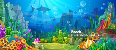 큰 수중 바다 암초 여러 가지 빛깔의 조류 산호 스폰지 돌과 물고기 산호초에 대한 스톡 벡터 아트 및 기타 이미지 산호초 일러스트레이션 0명 Istock