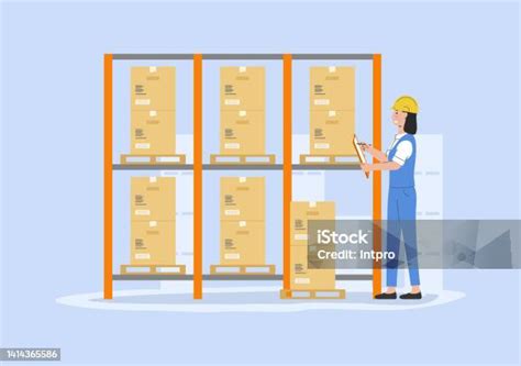 창고의 개념 창고 쾌활한 노동자 유니폼 카운트 소포 및 메모 작성 랙과 직원에 골판지 상자가있는 창고 만화 선형 윤곽선 플랫 스타일 벡터 일러스트 레이 션 공급망에 대한