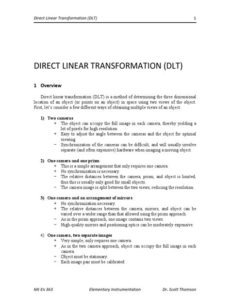 Direct Linear Transformation Dlt 1 Overview Pdf Matrix Mathematics Camera